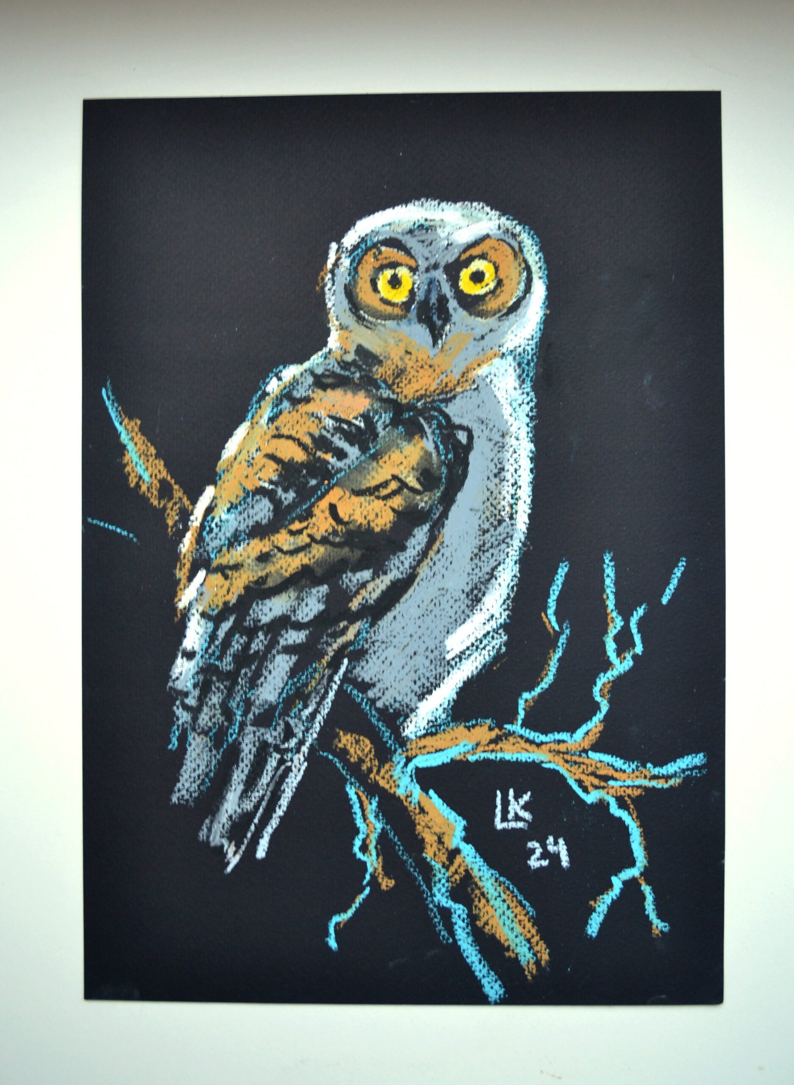 Owl on a Branch. Oil Pastel on Paper. – Lada Kholosho – Original Oil ...