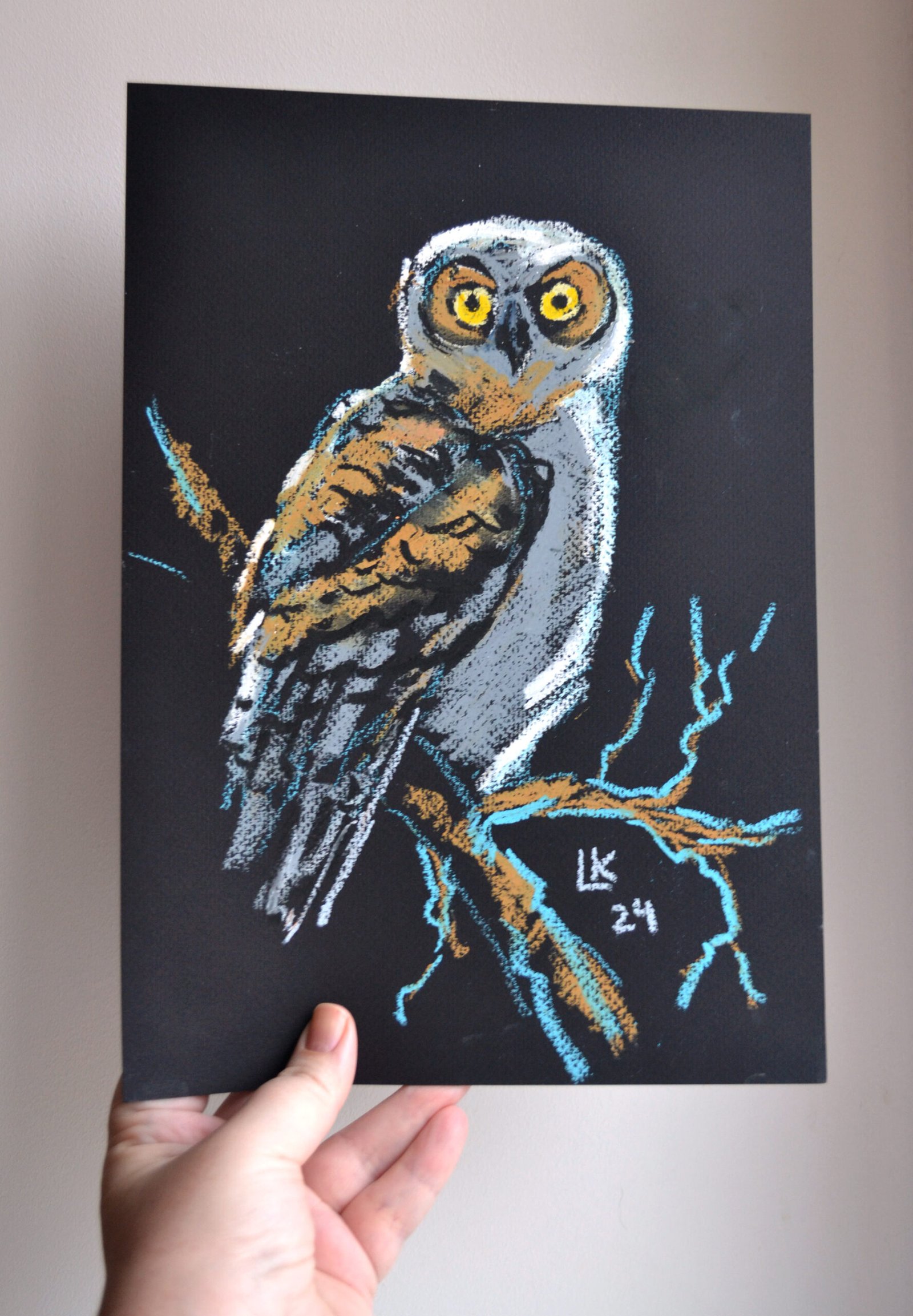 Owl on a Branch. Oil Pastel on Paper. – Lada Kholosho – Original Oil ...